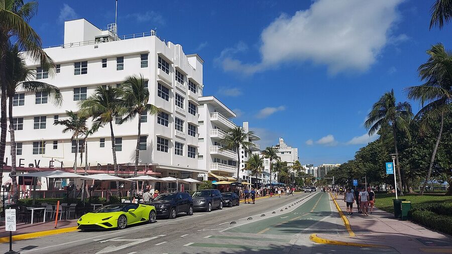 Art Deco hotels on Ocean Drive Miami Beach in the daytime