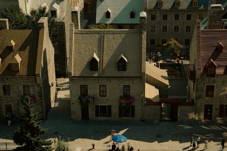 Aerial view of historic houses at Place Royale in Old Quebec