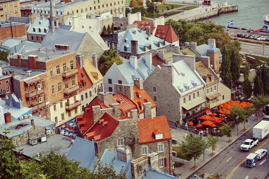 Aerial view of Old Quebec City rooftops and historic buildings