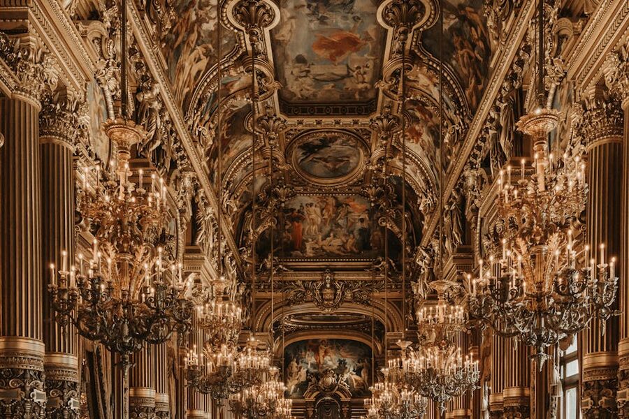 Baroque chandeliers and ceiling detail Palais Garnier