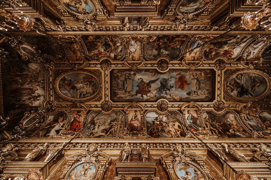 Detail view of Palais Garnier ornate ceiling