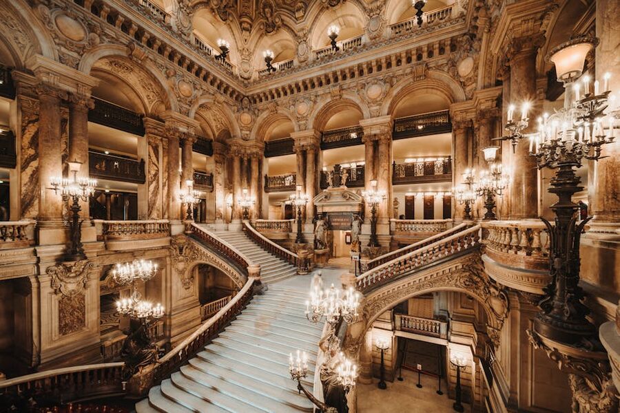 Ornate Grand Staircase interior at Opera Garnier Paris