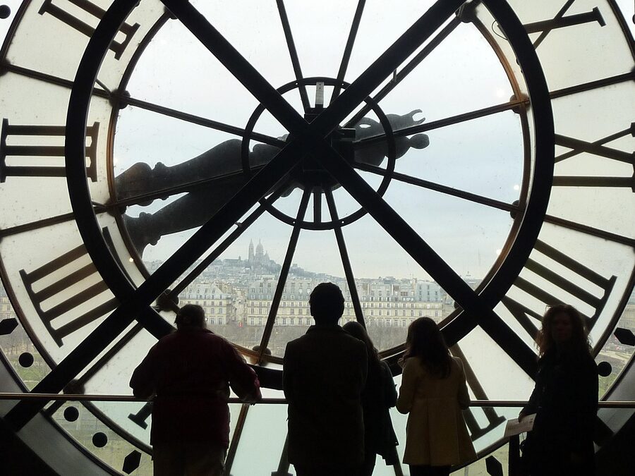 Musee d'Orsay station clock with shadow play in black and white