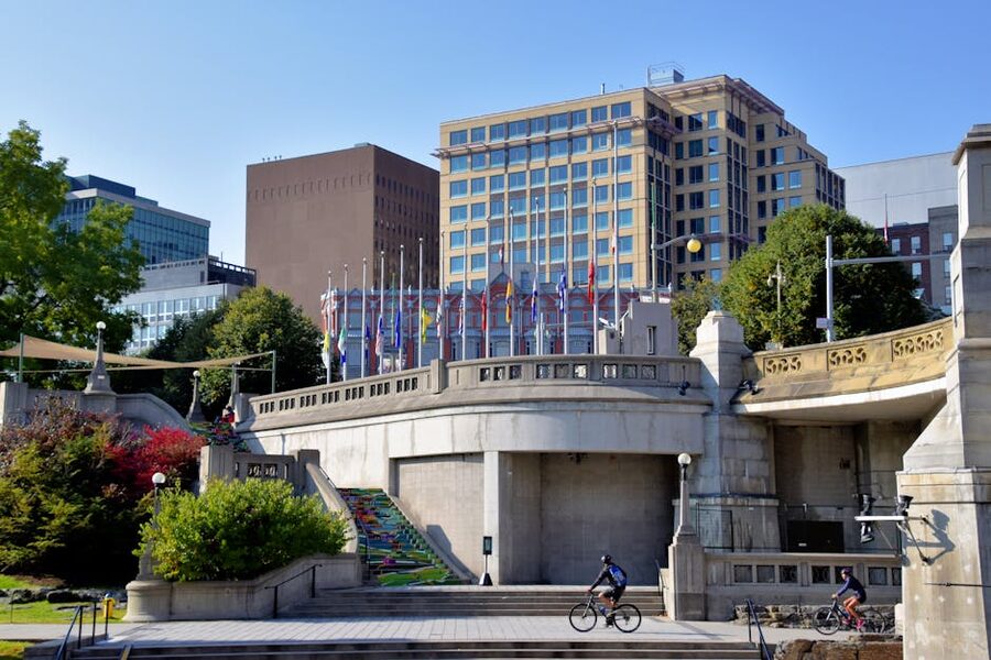 Rideau Canal with cyclists in summer Ottawa