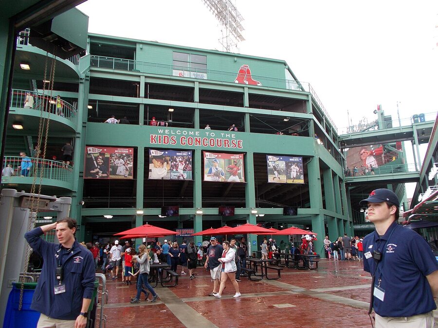 Outside Fenway Park Boston gathering crowd street