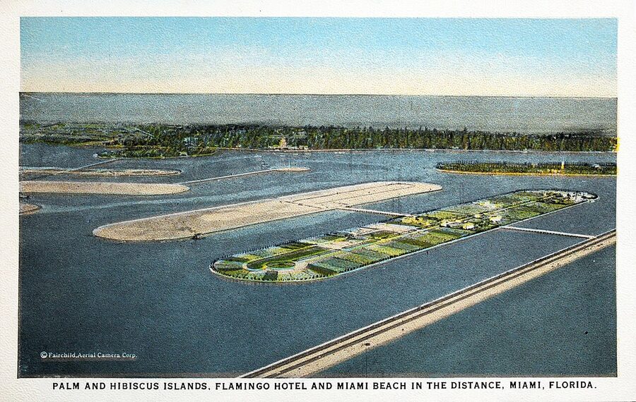 Vintage 1924 postcard showing Palm and Hibiscus Islands and the Flamingo Hotel in Miami Beach