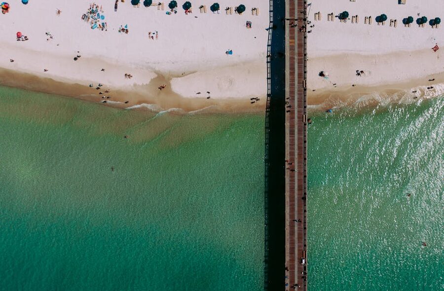 Aerial view of Panama City Beach pier and Gulf water