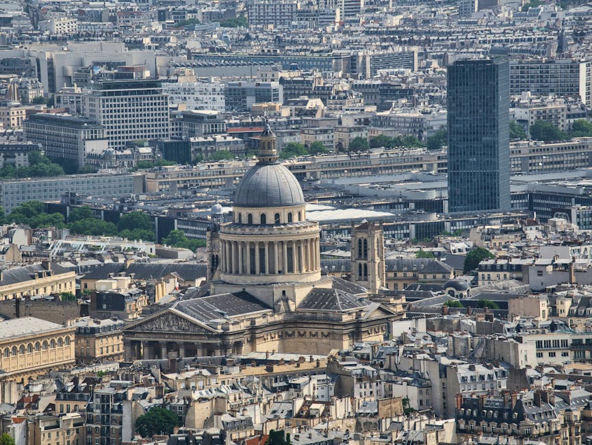 Aerial view of the Panthéon Paris dome rising above the Latin Quarter rooftops