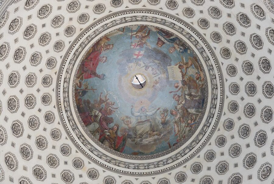 Interior view looking up at the painted dome of the Panthéon Paris
