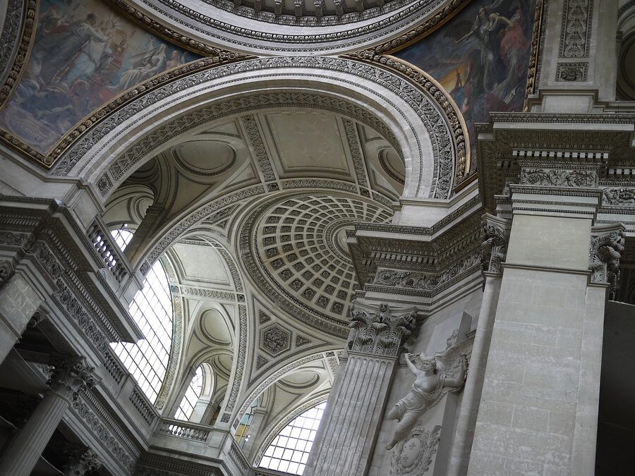 Interior geometric perspective of the Panthéon Paris dome and pillars