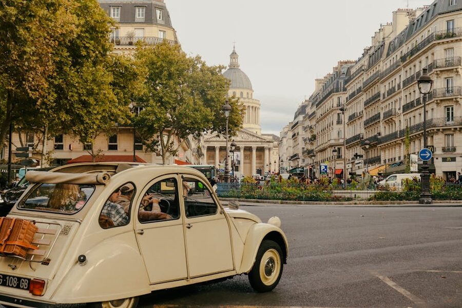 Vintage car on a Latin Quarter street with the Panthéon in the background