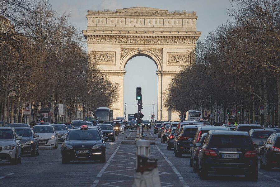 Arc de Triomphe with Champs-Elysees traffic Paris