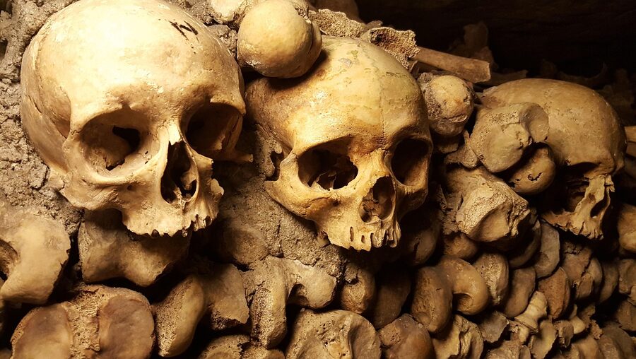 Stacked skulls and bones along a wall in the Paris Catacombs