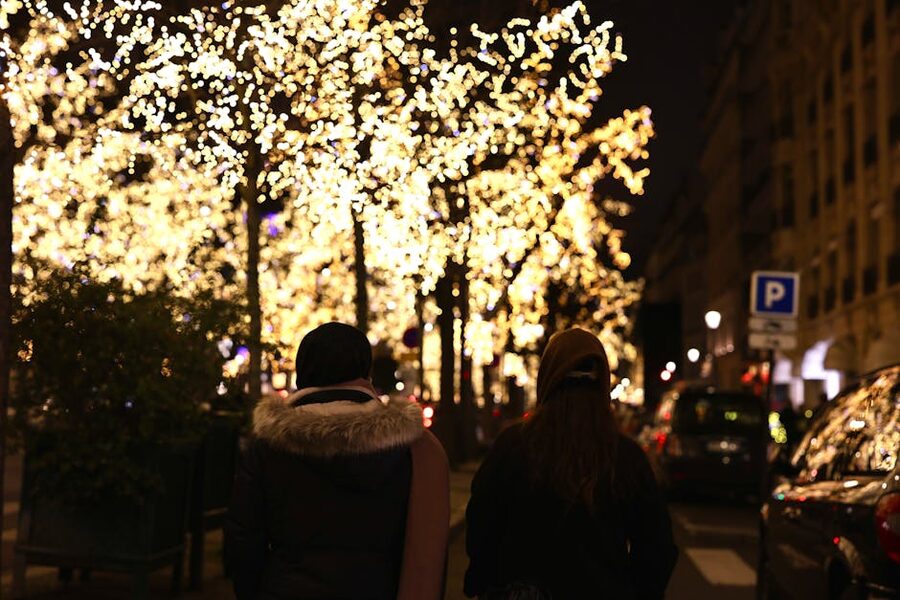 Couple on a Paris evening stroll under illuminated trees