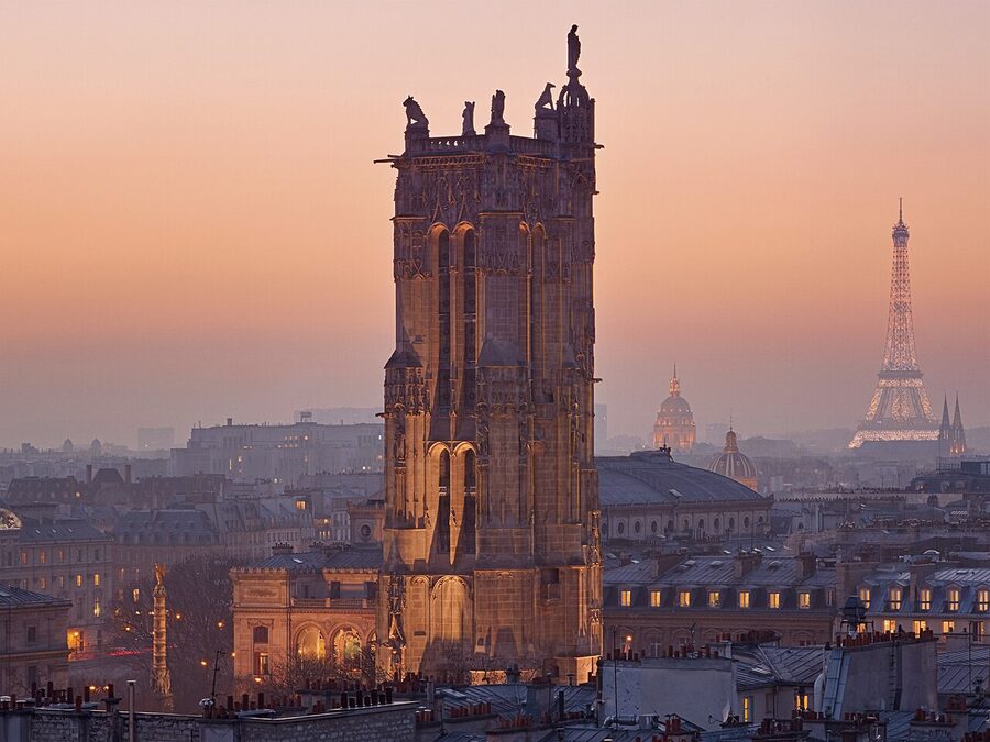 Tour Saint-Jacques in Paris at twilight