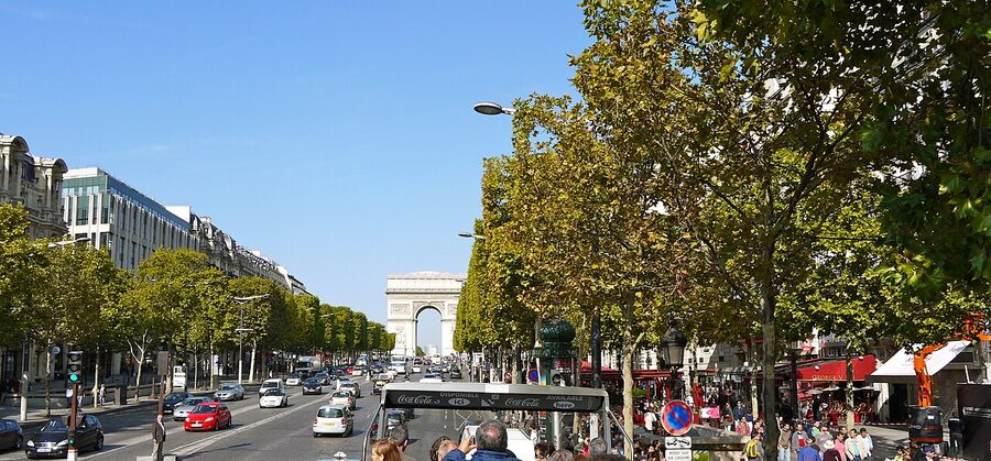 View of the Champs-Elysees and Arc de Triomphe from the top deck of an Open Tour bus Paris