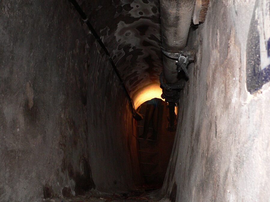 Wooden ball used to clear sewer blockages on display at Paris Sewer Museum