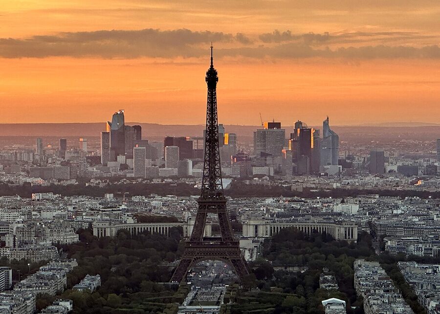 Paris twilight pink sky over Eiffel Tower from Montparnasse