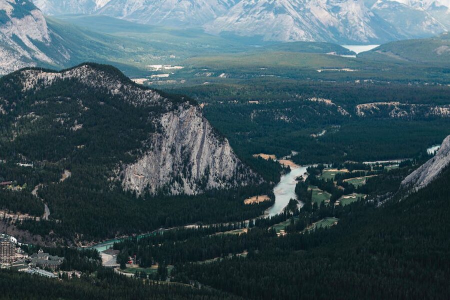 Aerial view of a valley in Banff National Park