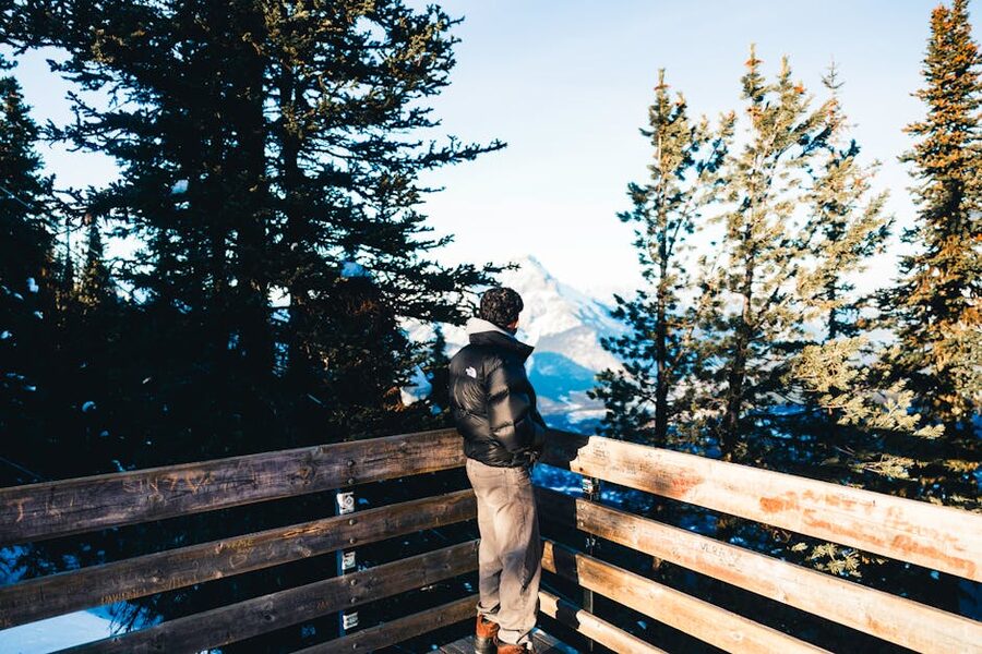 Wooden lookout view over Banff National Park valleys