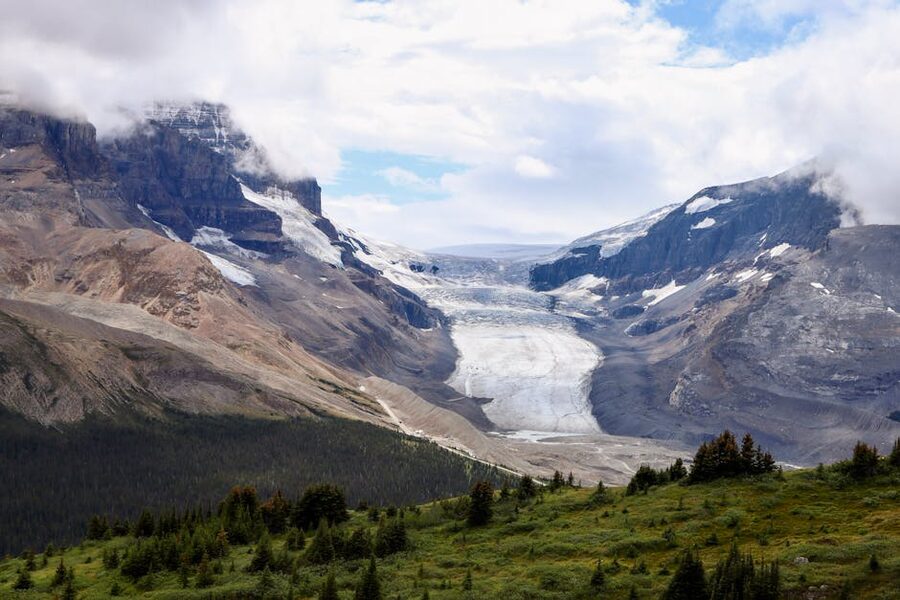 Athabasca Glacier flowing down from the Columbia Icefield