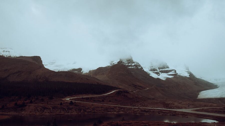 Icefields Parkway winding through the mountains near the Athabasca Glacier
