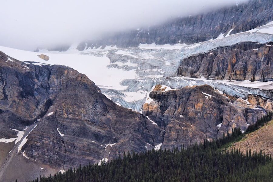 Cloudy day view of icefields and mountains in Jasper National Park
