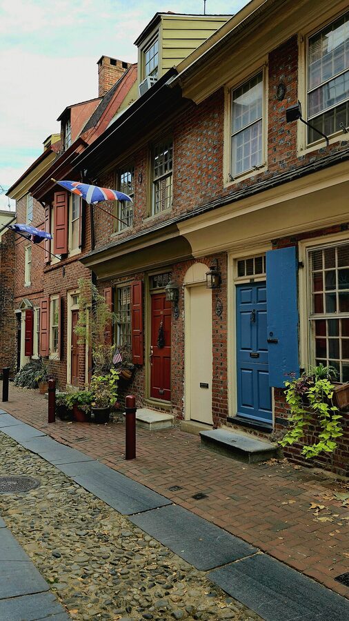 Elfreth's Alley cobblestone street with historic brick houses