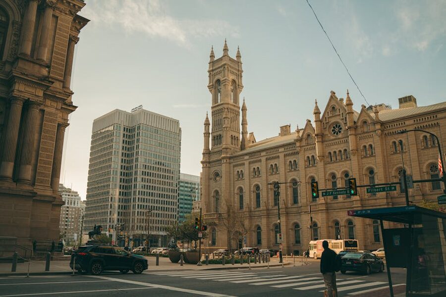 Philadelphia historic street with modern buildings