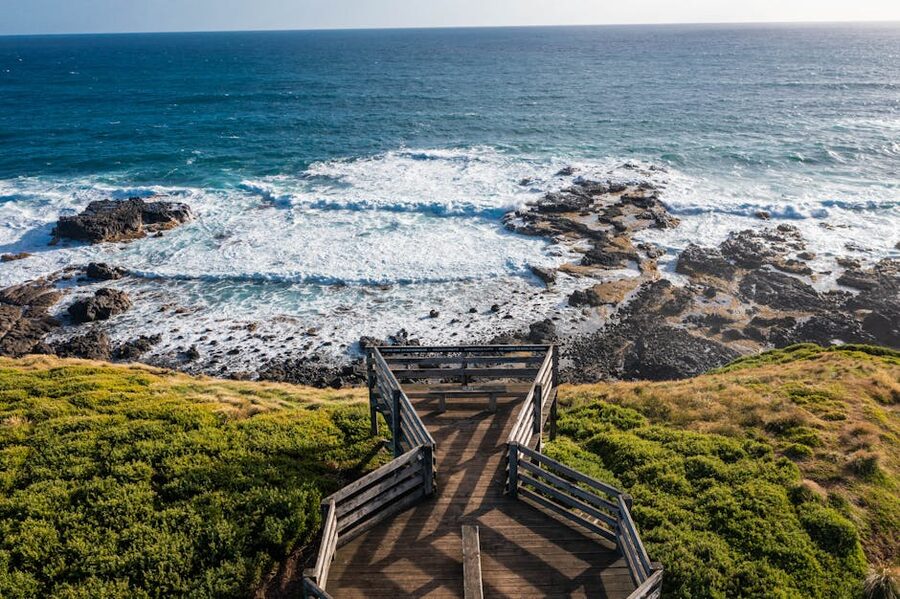 Wooden deck view over rugged Phillip Island cliffs