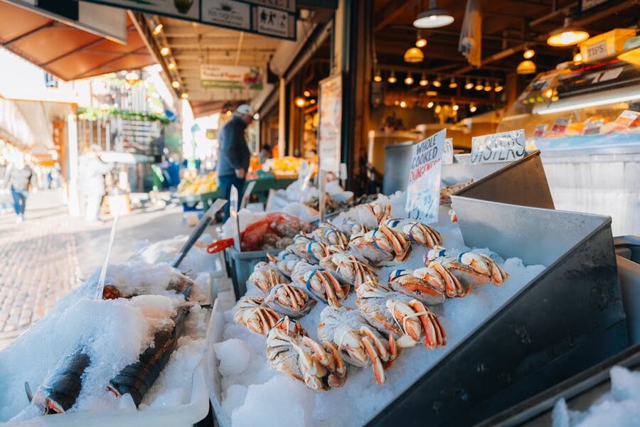 Fresh seafood and crabs on ice at Pike Place Market Seattle
