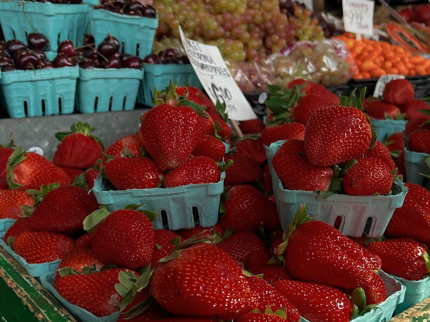 Fresh strawberries on a market stall at Pike Place Seattle