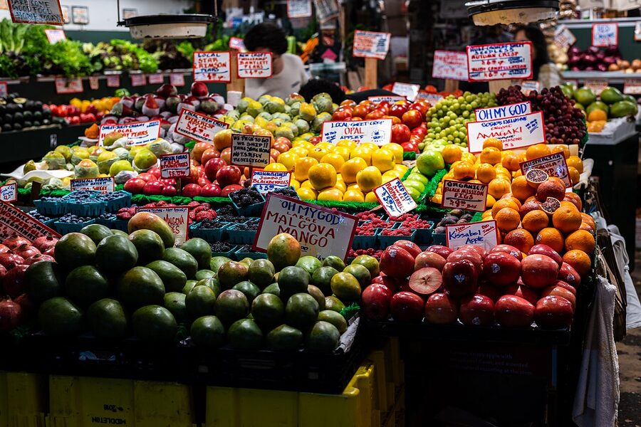 Fruits for sale inside Pike Place Market Seattle