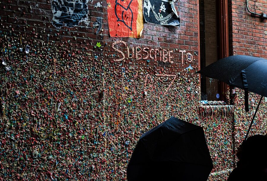 The Gum Wall and umbrellas at Pike Place Market Seattle