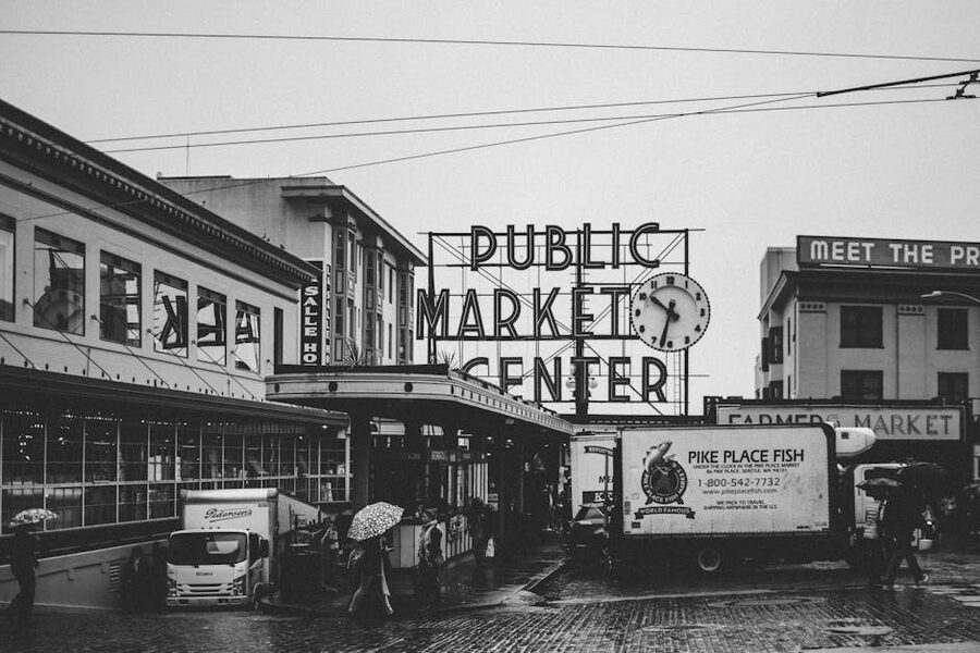 Pike Place Market in the rain black and white Seattle