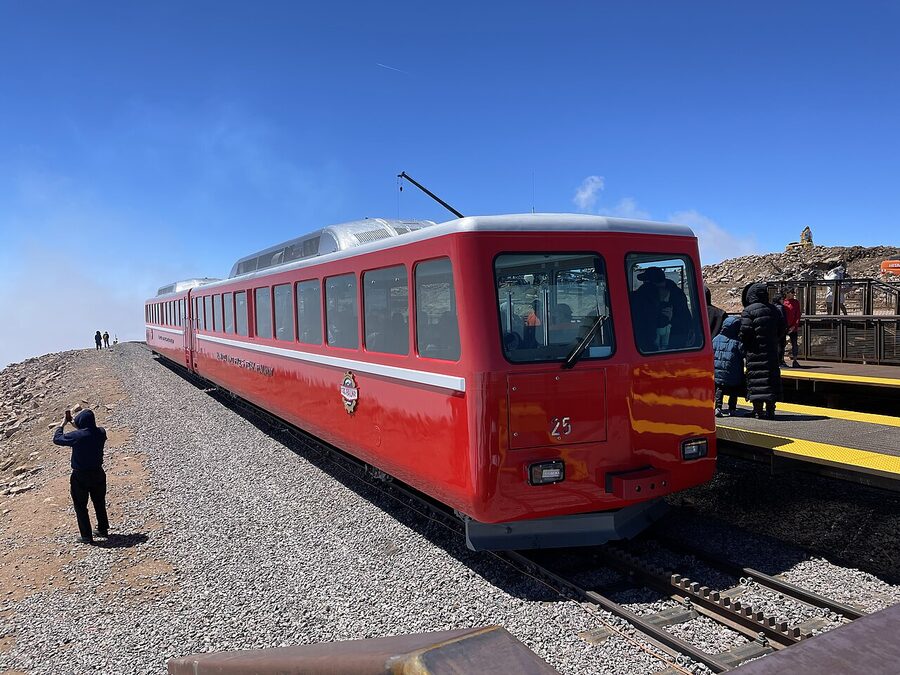 Pikes Peak Cog Railway car 25 at summit of Pikes Peak