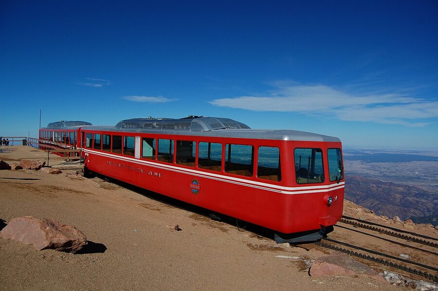 Pikes Peak Cog Railway train climbing the mountain