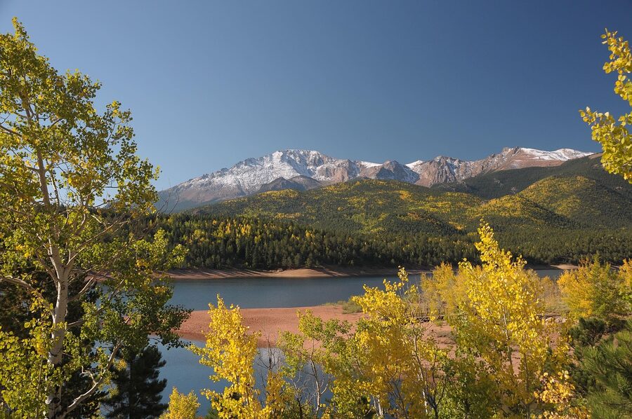 Pikes Peak Highway mountain road under blue sky