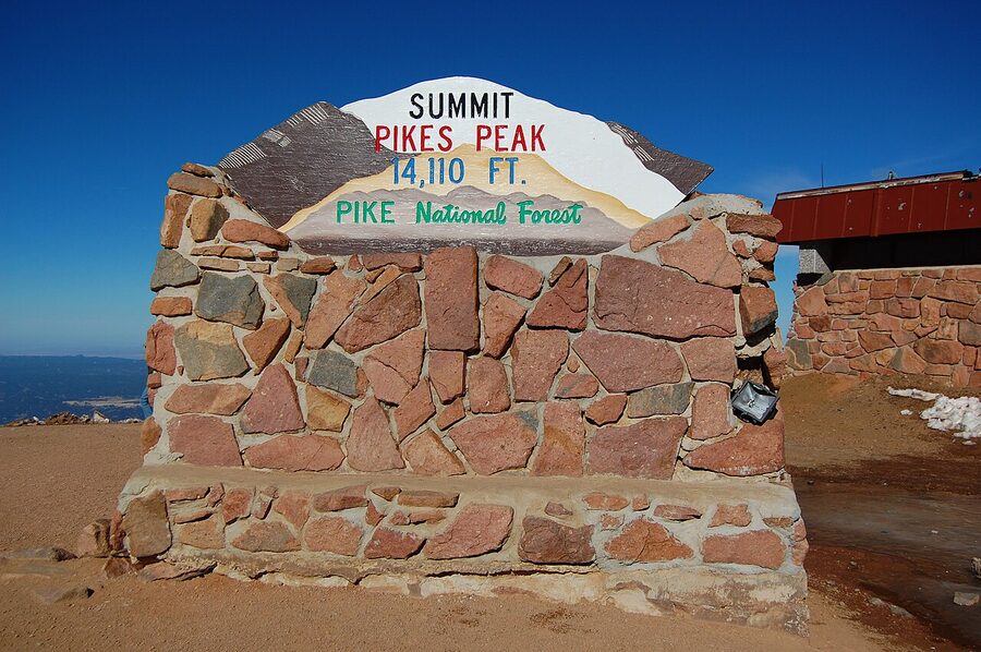 Pikes Peak summit sign 14115 feet Colorado