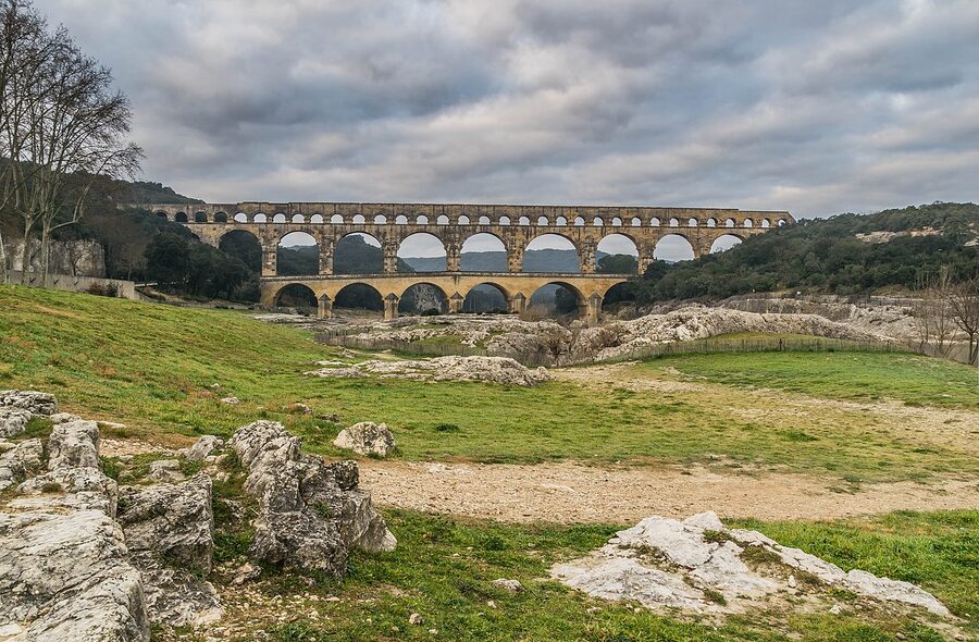 Pont du Gard second tier arches close up Roman aqueduct stonework