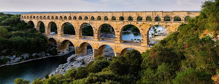 Pont du Gard from Gardon riverbank ochre limestone Provence