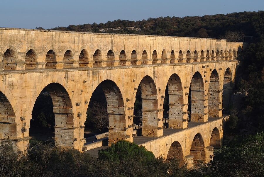 Pont du Gard monument aqueduct pillars view from below
