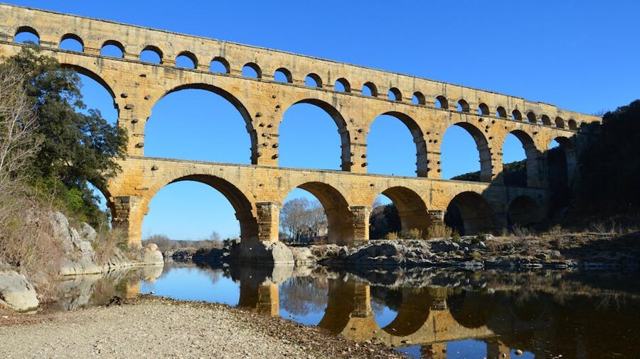 Pont du Gard Roman aqueduct sunlit perspective view in Provence
