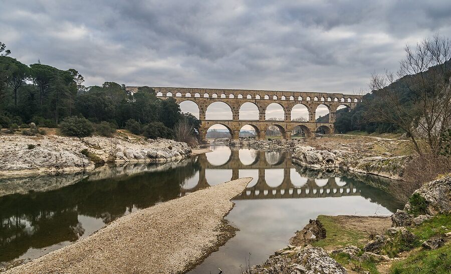 Pont du Gard low-angle view of three tiers of Roman arches in Provence