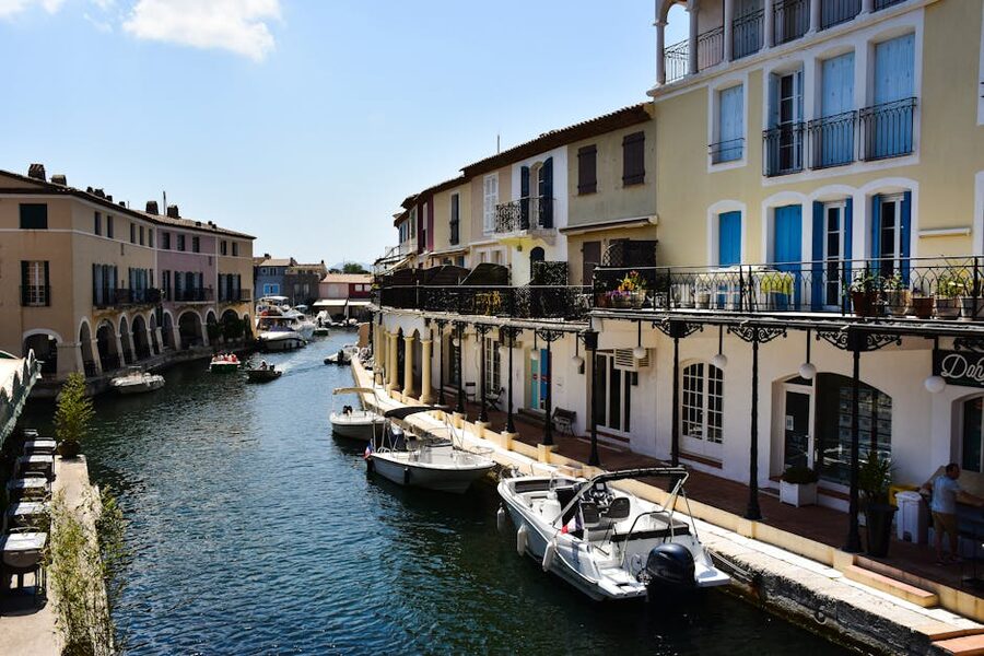 Boats moored along the canal of Port Grimaud near Saint-Tropez