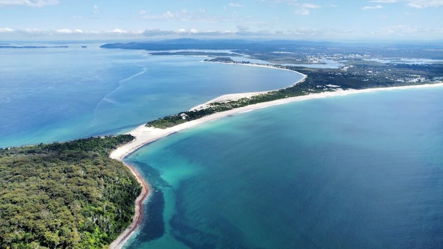 Aerial view of the Port Stephens coastline in New South Wales