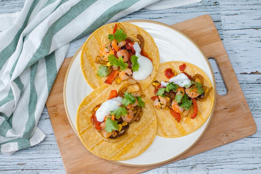 Shrimp and corn tortilla tacos on a plate in Puerto Vallarta
