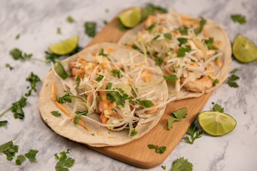 Authentic shrimp tacos with lime and cilantro in Puerto Vallarta