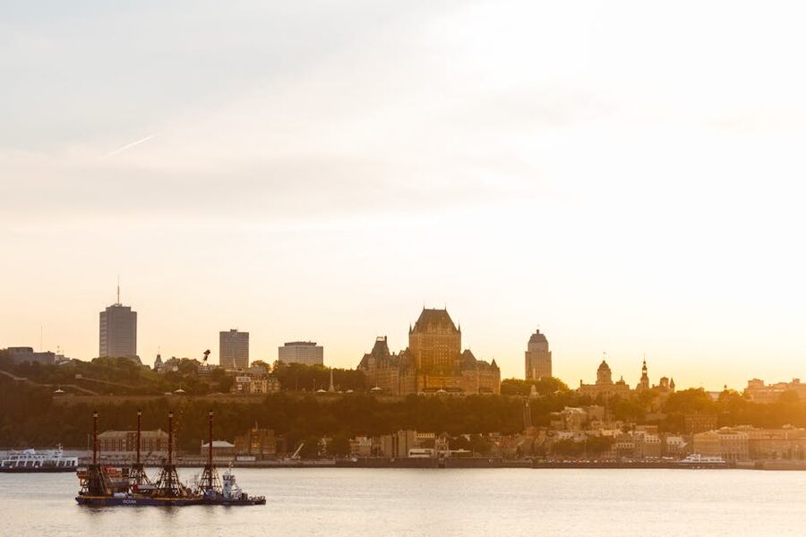 Quebec City skyline at golden hour with Chateau Frontenac catching the sunset light