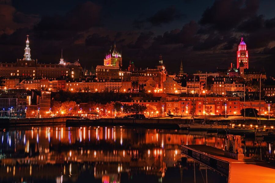 Quebec City skyline at night reflecting on the St Lawrence River